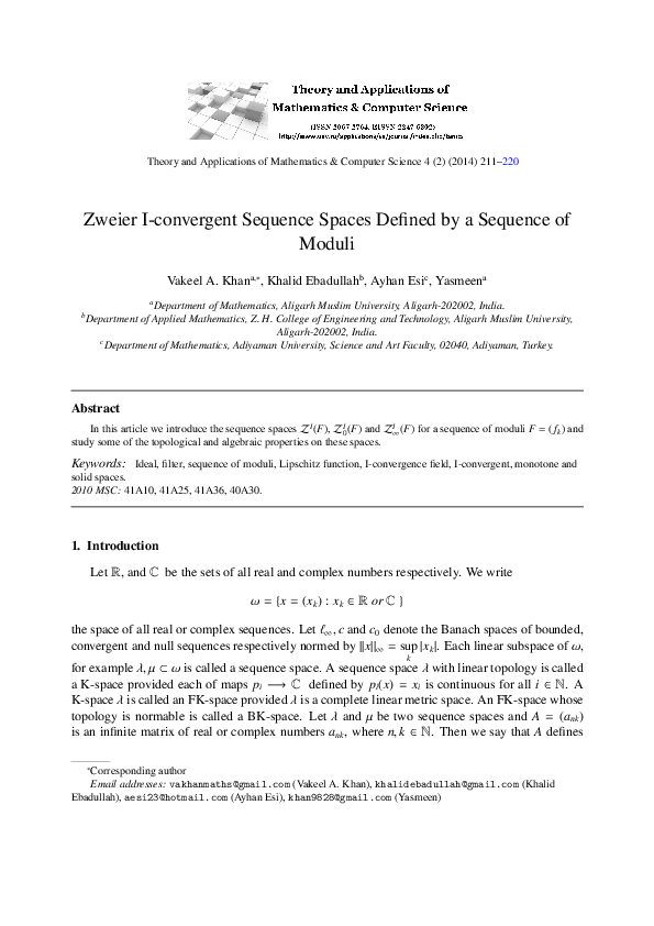 (PDF) Zweier I-convergent Sequence Spaces Defined by a Sequence of Moduli