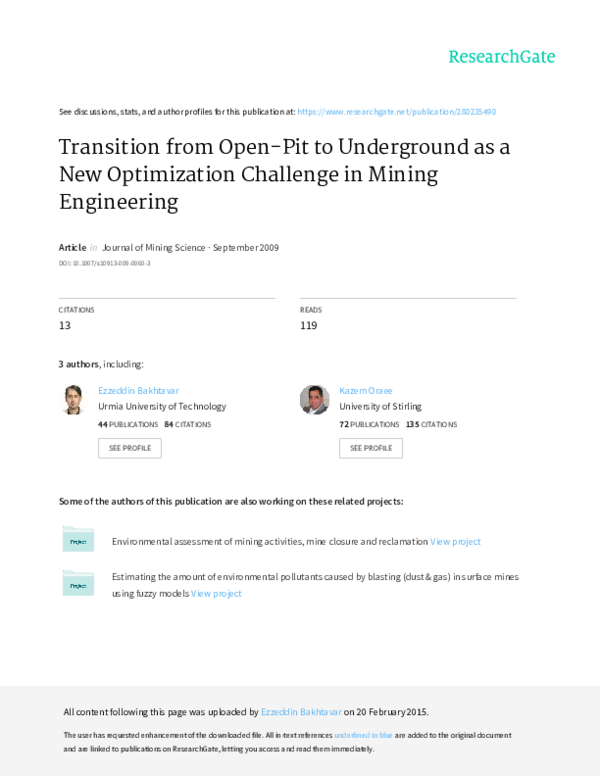 Pdf Transition From Open Pit To Underground As A New Optimization Challenge In Mining Engineering