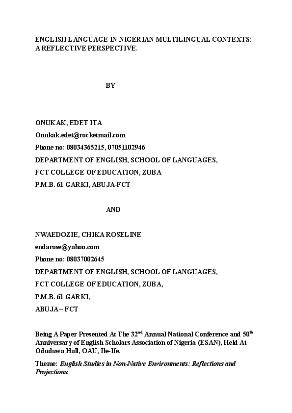 (DOC) ENGLISH LANGUAGE IN NIGERIAN MULTILINGUAL CONTEXTS: A REFLECTIVE PERSPECTIVE