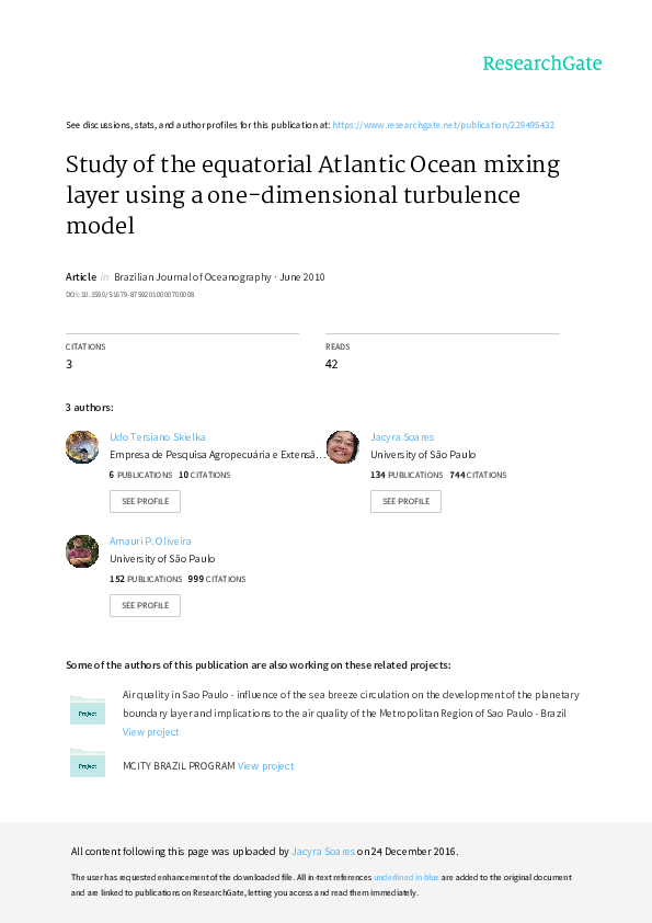 (PDF) Study of the equatorial Atlantic Ocean mixing layer using a one-dimensional turbulence model