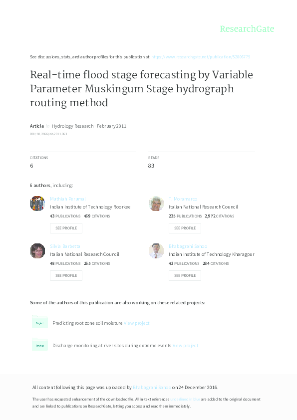 (PDF) Real-time flood stage forecasting by Variable Parameter Muskingum Stage hydrograph routing ...