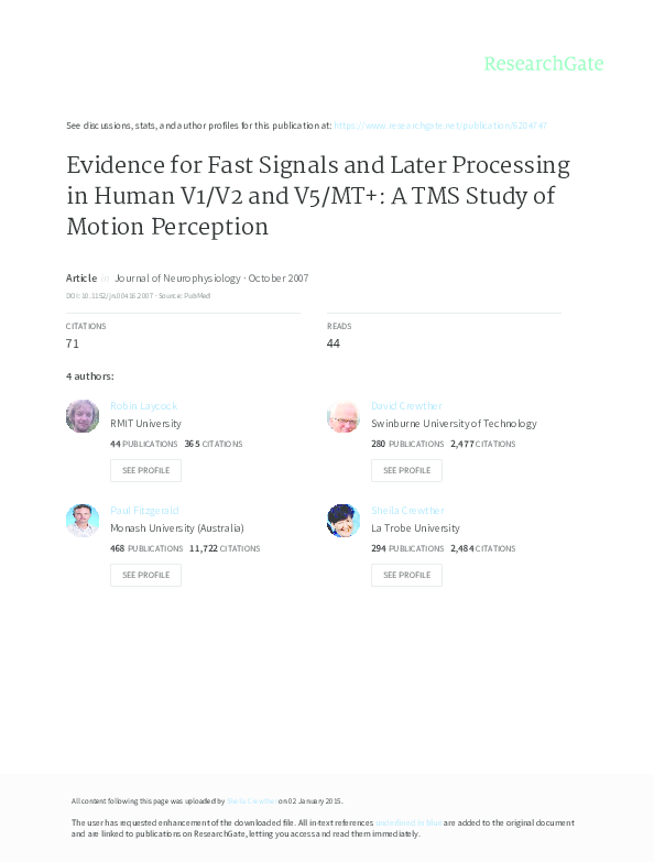 (PDF) Evidence for fast signals and later processing in human V1/V2 and V5/MT+: a TMS study of ...