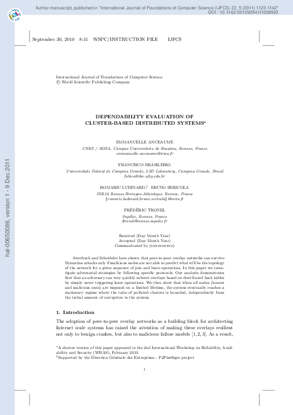 (PDF) Dependability Evaluation of Cluster-based Distributed Systems