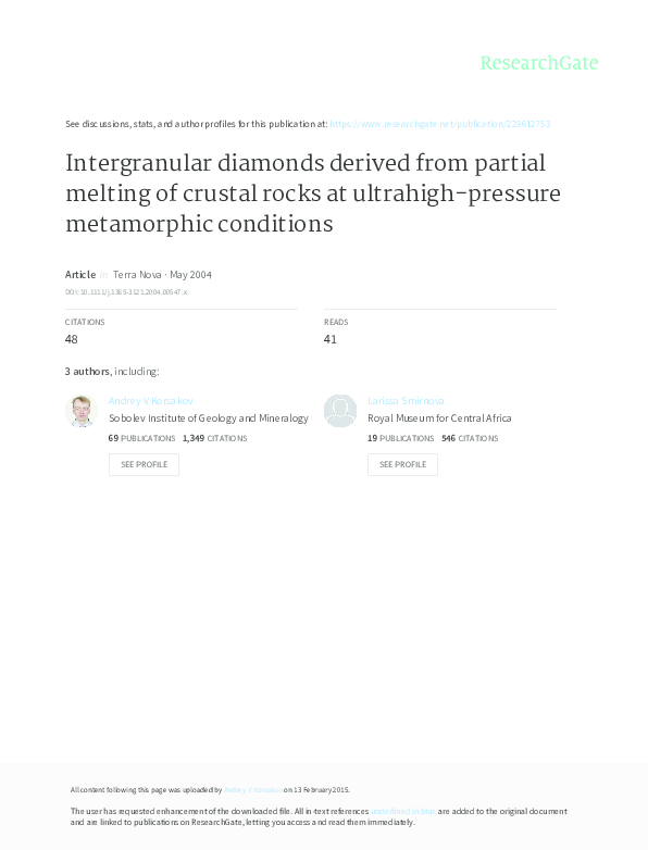 (PDF) Intergranular diamonds derived from partial melting of crustal ...