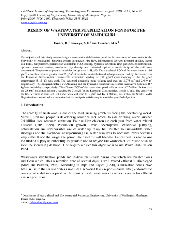 (PDF) DESIGN OF WASTEWATER STABILIZATION POND FOR THE UNIVERSITY OF ...