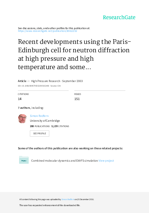 (PDF) Recent developments using the Paris-Edinburgh cell for neutron ...
