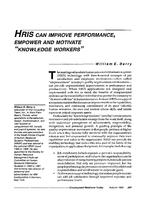 (PDF) HRIS can improve performance, empower and motivate knowledge workers