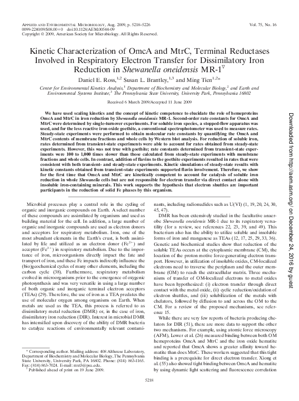 (PDF) Kinetic characterization of OmcA and MtrC, terminal reductases ...