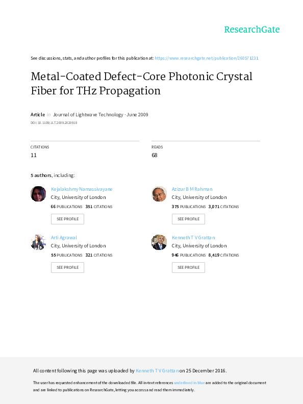 (PDF) Metal-Coated Defect-Core Photonic Crystal Fiber for THz Propagation