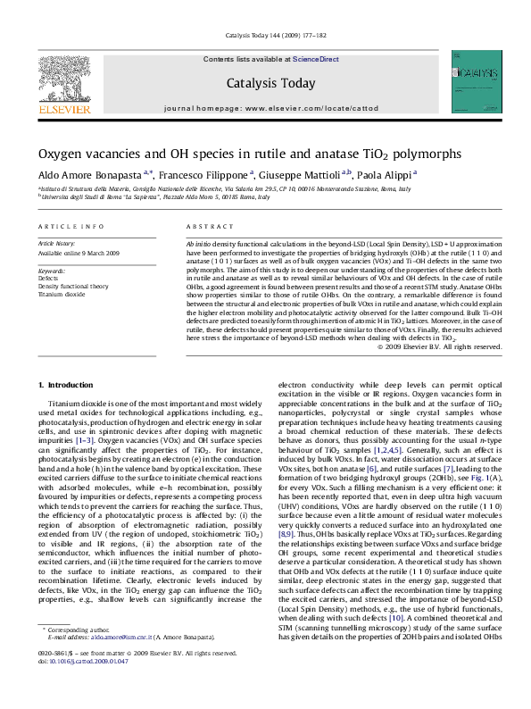 Pdf Oxygen Vacancies And Oh Species In Rutile And Anatase Tio2 Polymorphs
