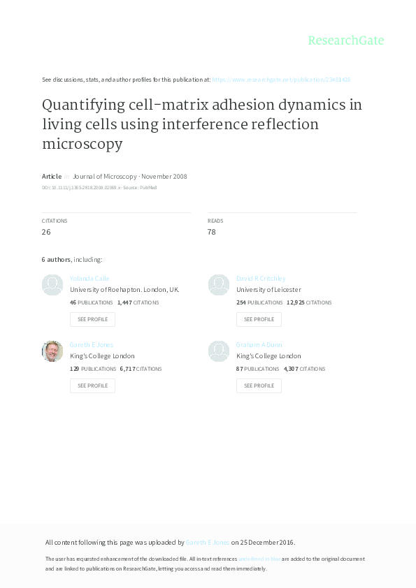 (PDF) Quantifying cell-matrix adhesion dynamics in living cells using interference reflection ...