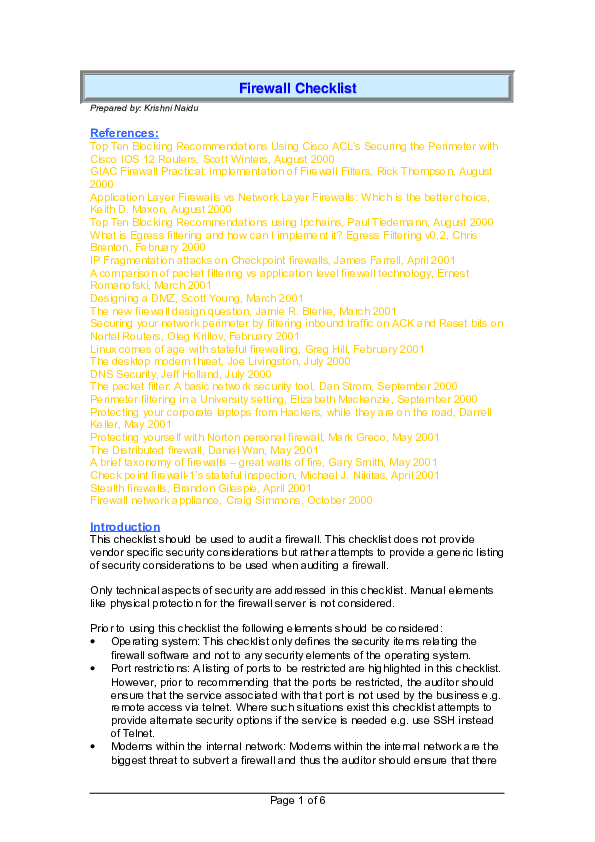 (DOC) Firewall Checklist