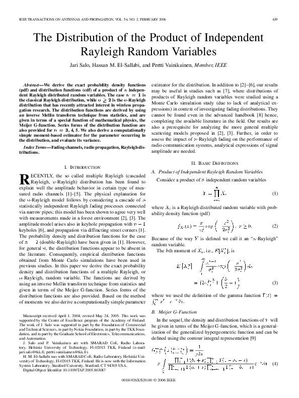 (PDF) The Distribution of the Product of Independent Rayleigh Random ...