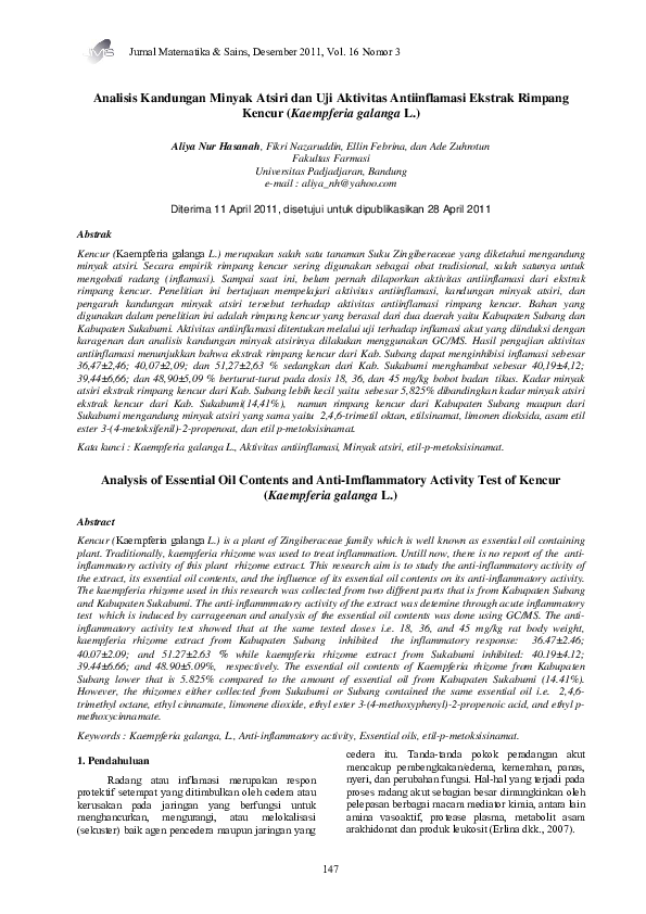 (PDF) Analisis Kandungan Minyak Atsiri dan Uji Aktivitas Antiinflamasi ...