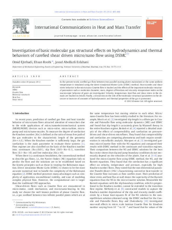 (PDF) Investigation of basic molecular gas structure effects on hydrodynamics and thermal ...