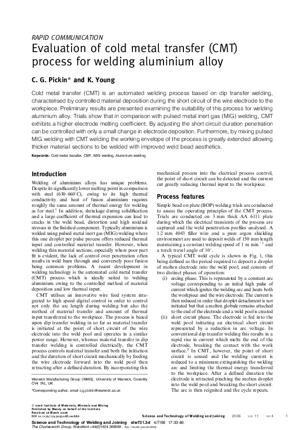 (PDF) Evaluation of cold metal transfer (CMT) process for welding ...