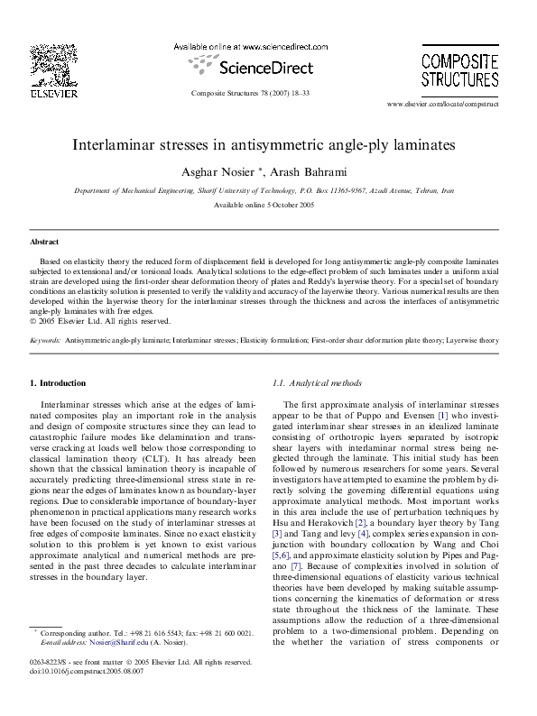 Pdf Interlaminar Stresses In Angle Ply Shells