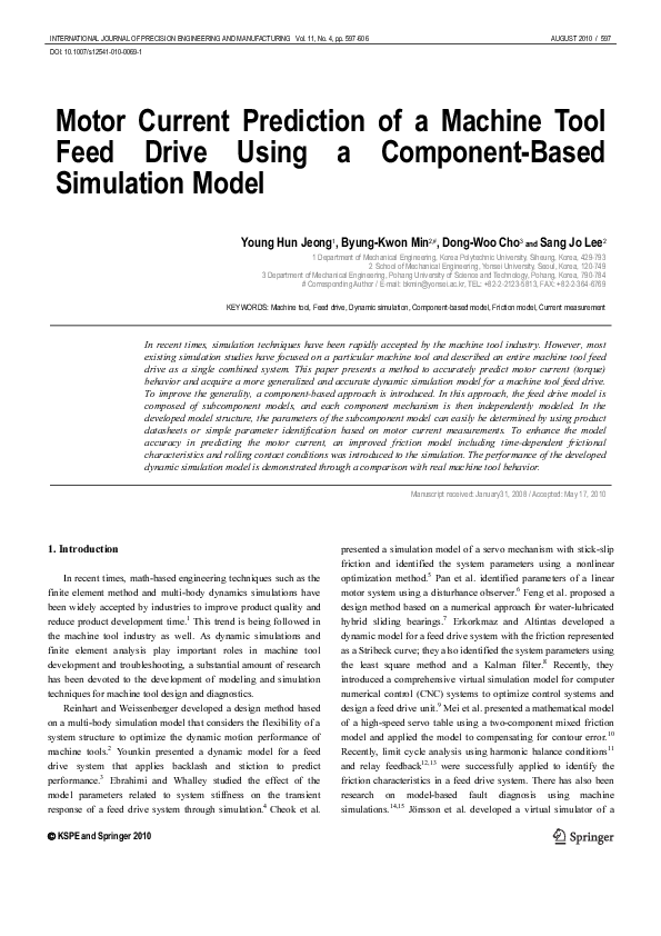 Pdf Motor Current Prediction Of A Machine Tool Feed Drive Using A Component Based Simulation Model