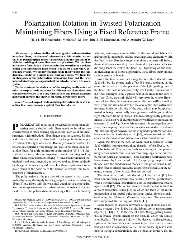 (PDF) Polarization rotation in twisted polarization maintaining fibers using a fixed reference frame