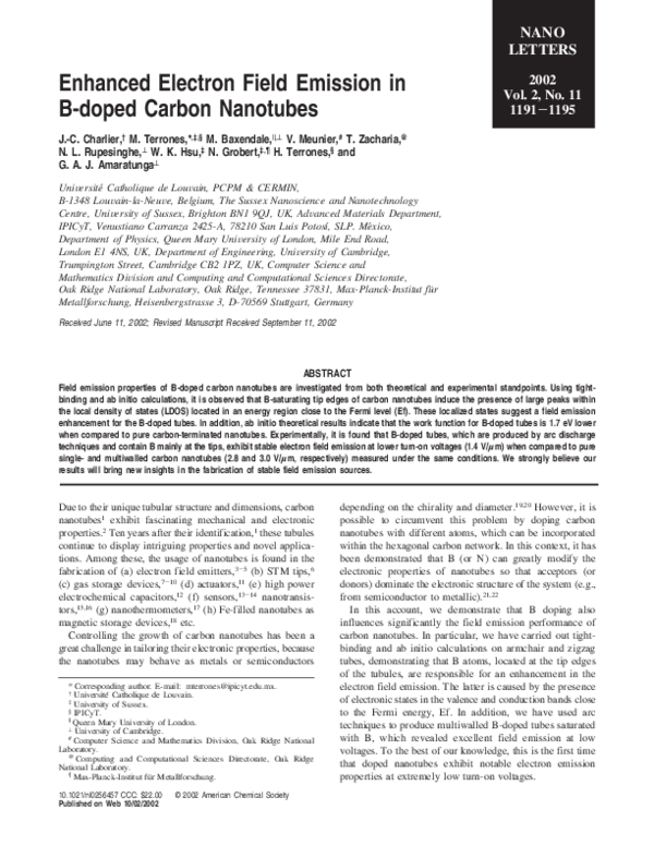 (PDF) Enhanced Electron Field Emission in B-doped Carbon Nanotubes