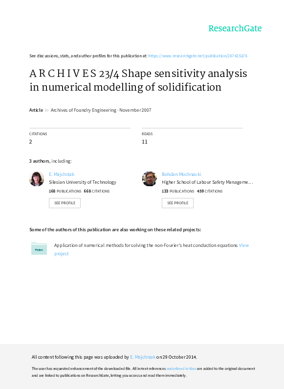 (PDF) A R C H I V E S 23/4 Shape sensitivity analysis in numerical modelling of solidification