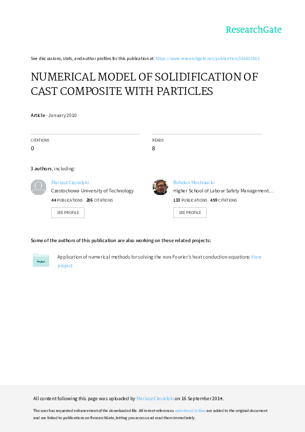 (PDF) Numerical Model of Solidification of Cast Composite with Particles
