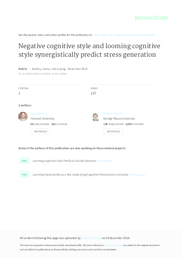(PDF) Negative cognitive style and looming cognitive style ...
