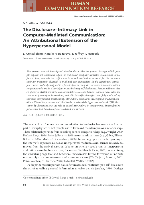 (PDF) The Disclosure–Intimacy Link in Computer‐Mediated Communication ...
