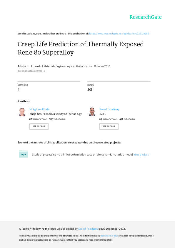 (PDF) Creep Life Prediction of Thermally Exposed Rene 80 Superalloy