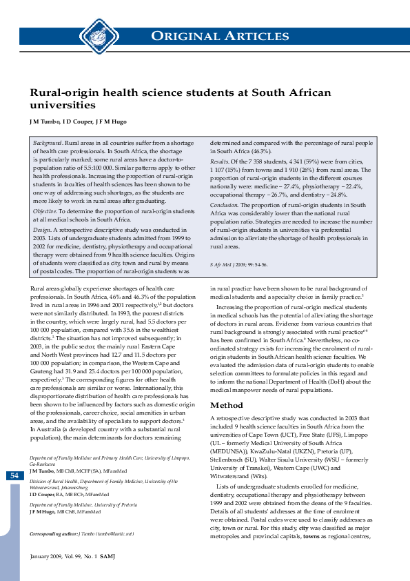 (PDF) Rural-origin health science students at South African universities