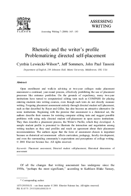 (PDF) Rhetoric and the writer's profile: Problematizing directed self-placement