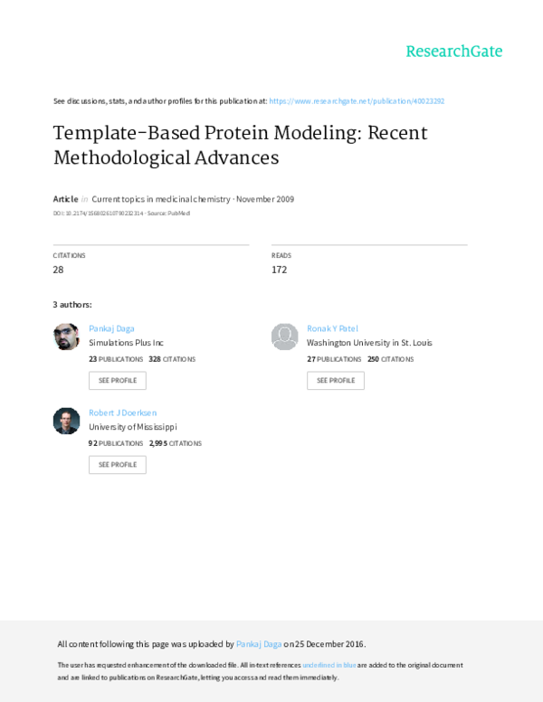 (PDF) Template-Based Protein Modeling: Recent Methodological Advances