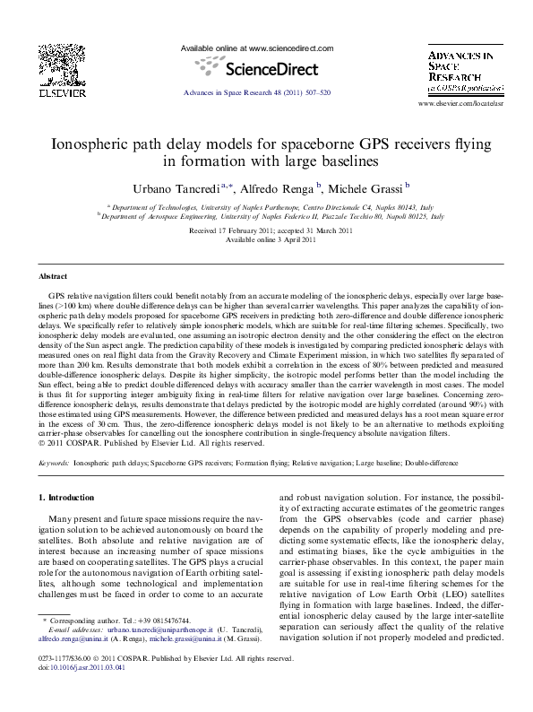 Pdf Ionospheric Path Delay Models For Spaceborne Gps Receivers Flying In Formation With Large