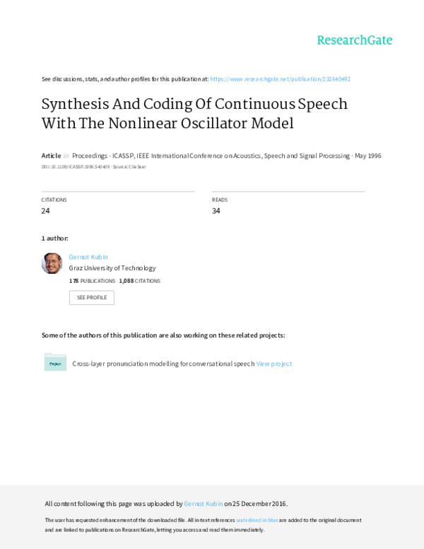 (PDF) Synthesis and coding of continuous speech with the nonlinear oscillator model