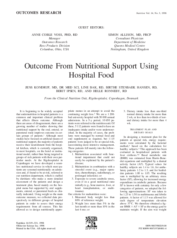 (PDF) Outcome From Nutritional Support Using Hospital Food 1