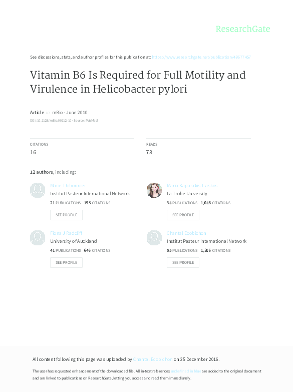 (PDF) Vitamin B6 Is Required for Full Motility and Virulence in ...