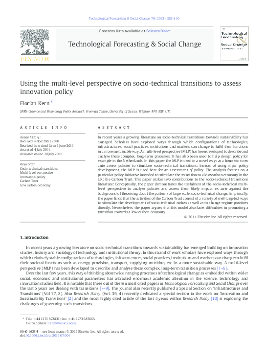 (PDF) Using the multi-level perspective on socio-technical transitions ...