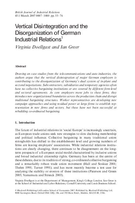 (PDF) Vertical Disintegration and the Disorganization of German ...