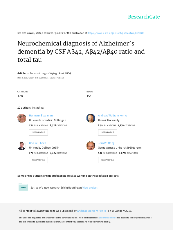 (PDF) Neurochemical diagnosis of Alzheimer's dementia by CSF Aβ42, Aβ42/Aβ40 ratio and total tau