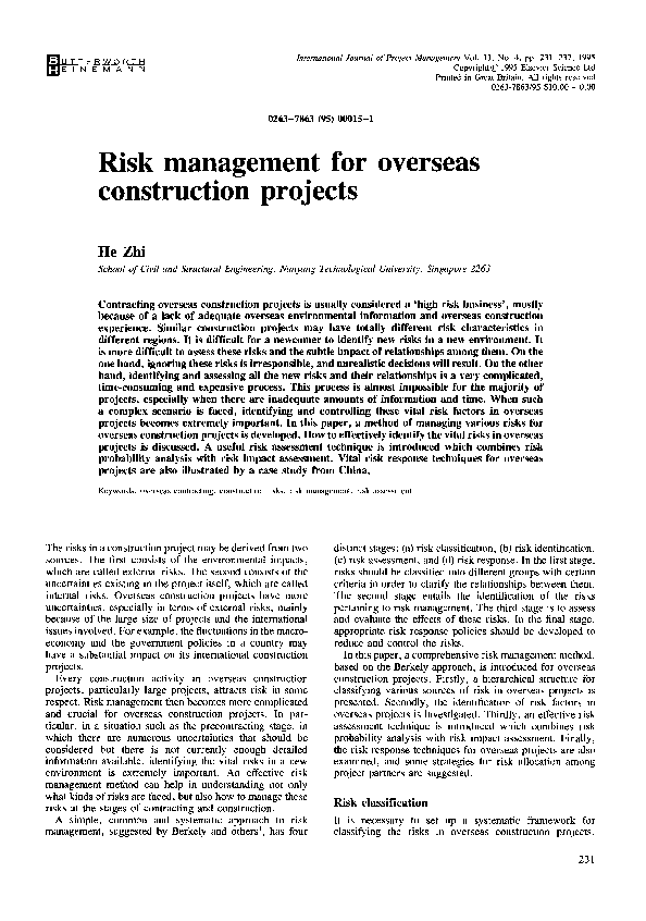 (PDF) Risk management for overseas construction projects