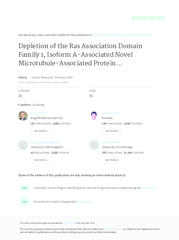 (PDF) Depletion of the Ras Association Domain Family 1, Isoform A ...