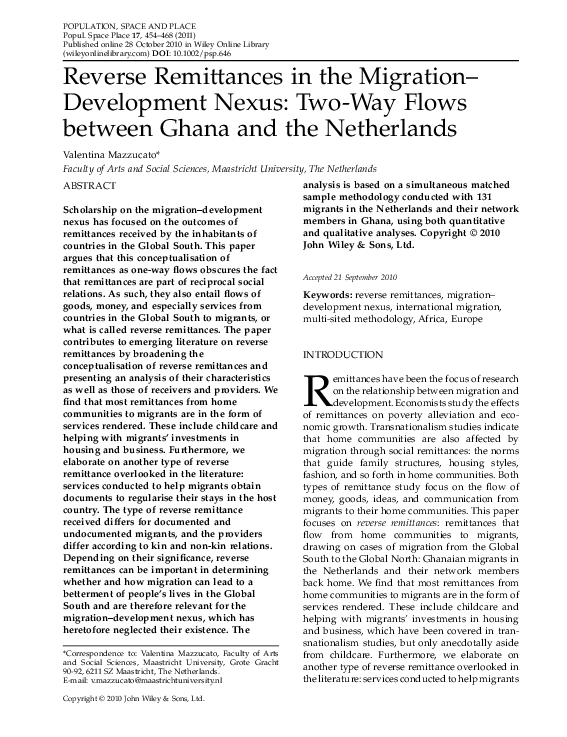 (PDF) Reverse remittances in the migration–development nexus: two‐way flows between Ghana and ...