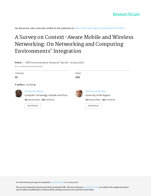 (PDF) A Survey on Context-Aware Mobile and Wireless Networking: On Networking and Computing ...