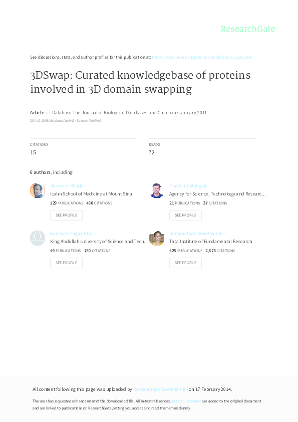 (PDF) 3DSwap: curated knowledgebase of proteins involved in 3D domain swapping