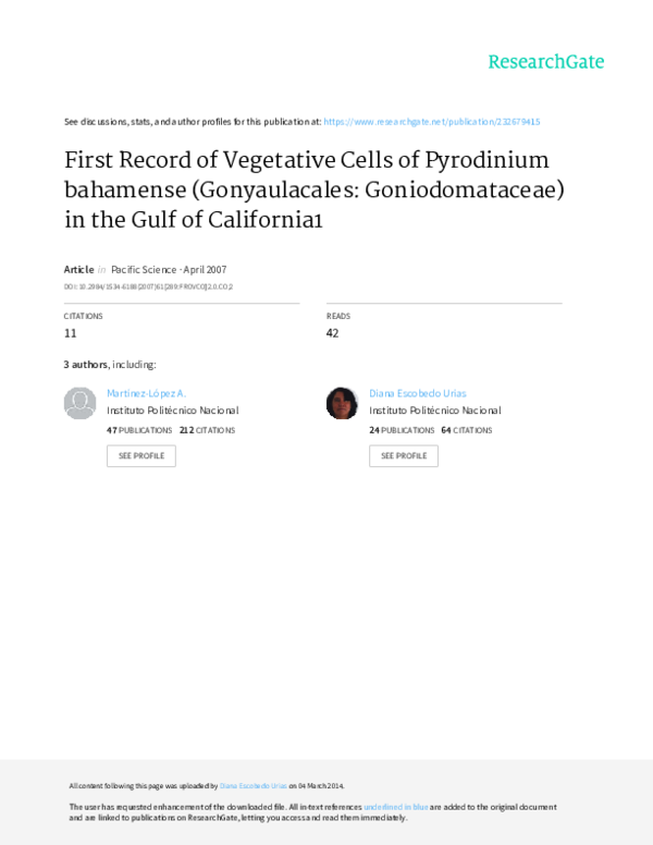 (PDF) First record of vegetative cells of Pyrodinium bahamense ...
