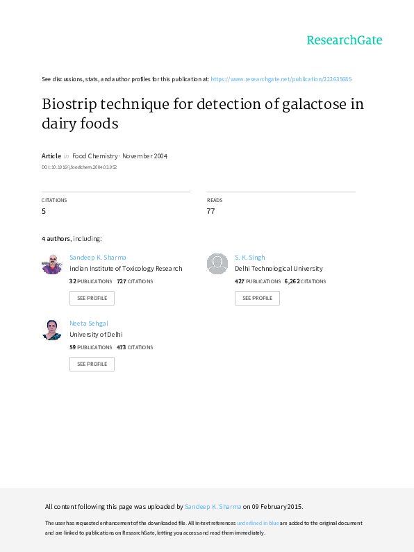 (PDF) Biostrip technique for detection of galactose in dairy foods