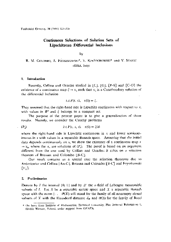 (PDF) Continuous Selections of Solution Sets of Lipschitzean Differential Inclusions