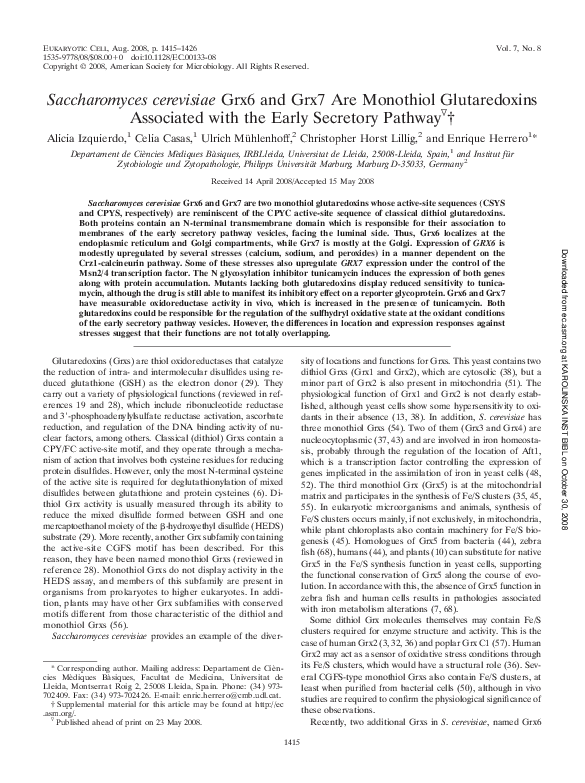 (PDF) Saccharomyces cerevisiae Grx6 and Grx7 are monothiol ...