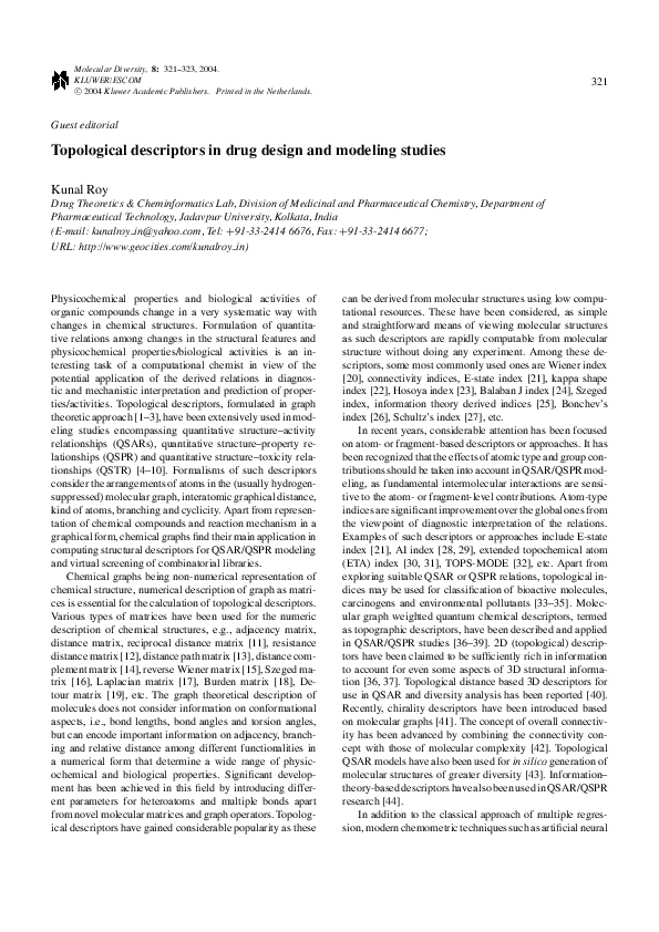 (PDF) Topological descriptors in drug design and modeling studies