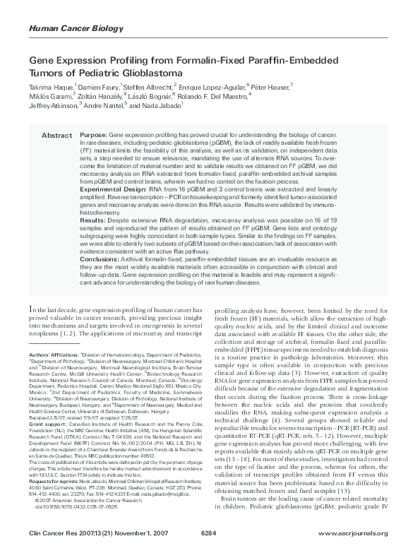 (PDF) Gene expression profiling from formalin-fixed, paraffin-embedded tissue for tumor diagnosis